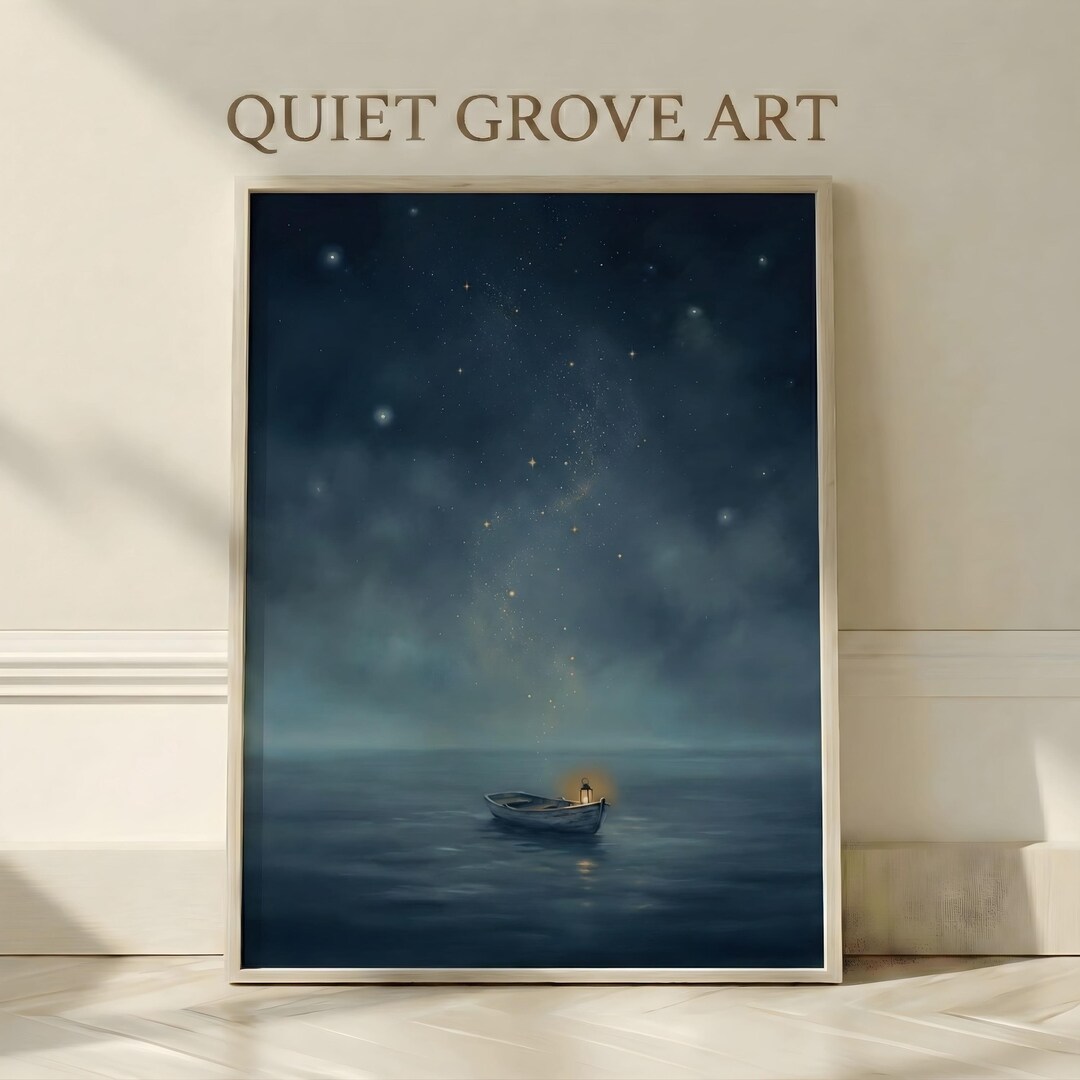 Starry Night Ocean Boat Printable Wall Art, Moody Blue Celestial ...