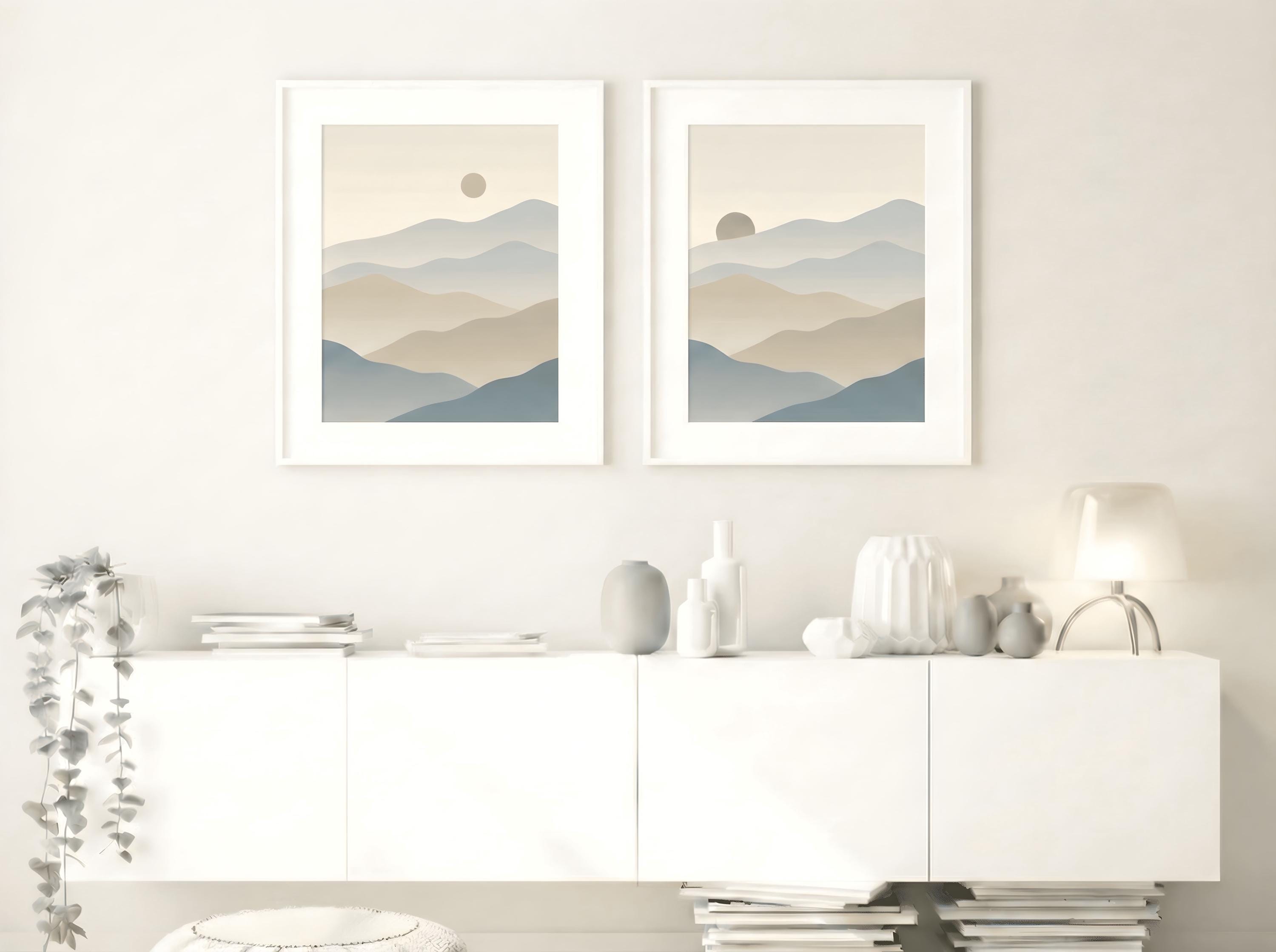 Minimalist Mountain Sunset Printable Wall Art Set of 2, Neutral Blue ...