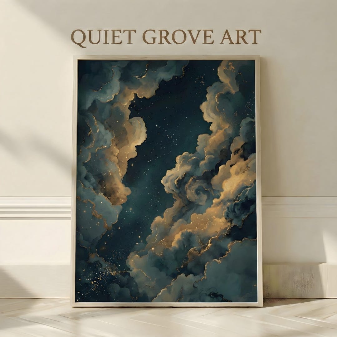 Teal Night Sky Cloud Printable Wall Art, Gilded Starfield Cloudscape ...