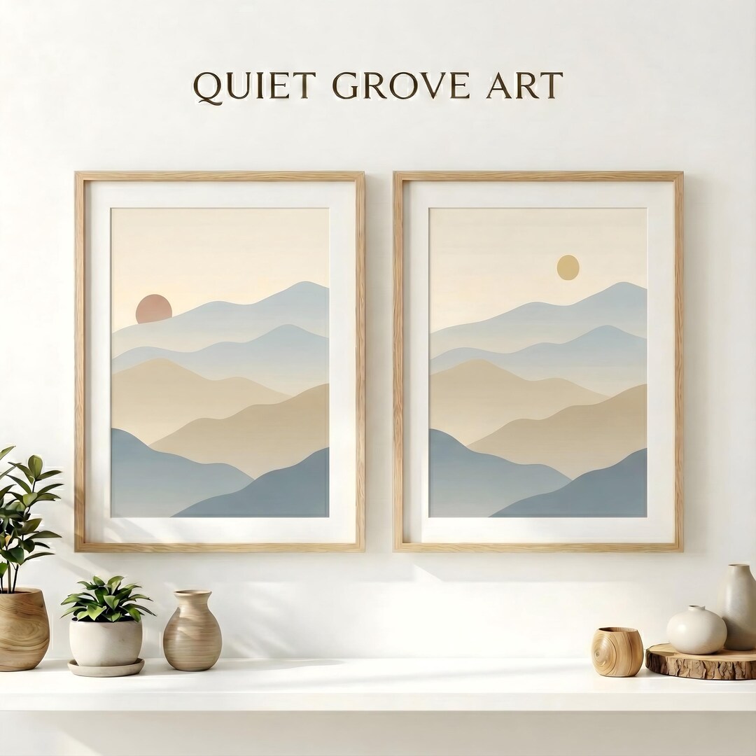 Minimalist Mountain Sunset Printable Wall Art Set of 2, Neutral Blue ...