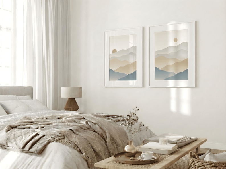 Minimalist Mountain Sunset Printable Wall Art Set of 2, Neutral Blue ...