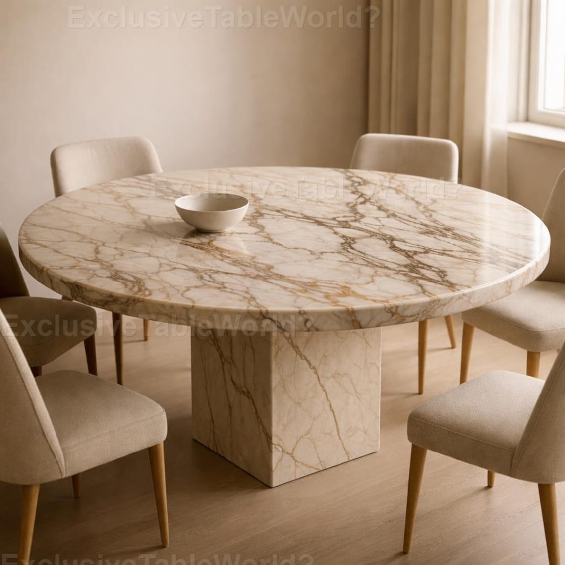 Luxury Round Cream Marble Dining Table | Natural Stone Pedestal Table ...