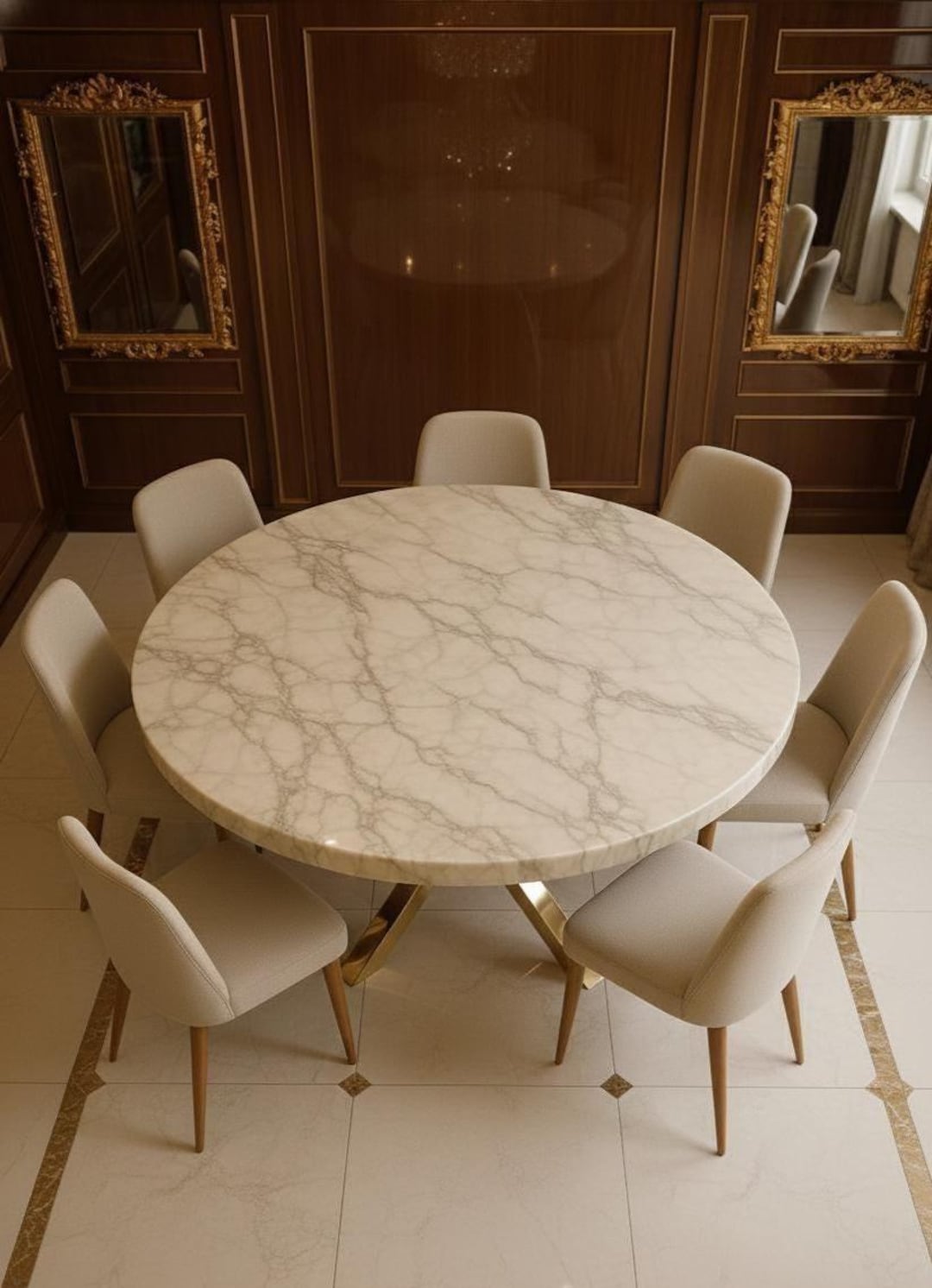 Round Cream Marble Dining Table With Gold Base Luxury Modern Round ...