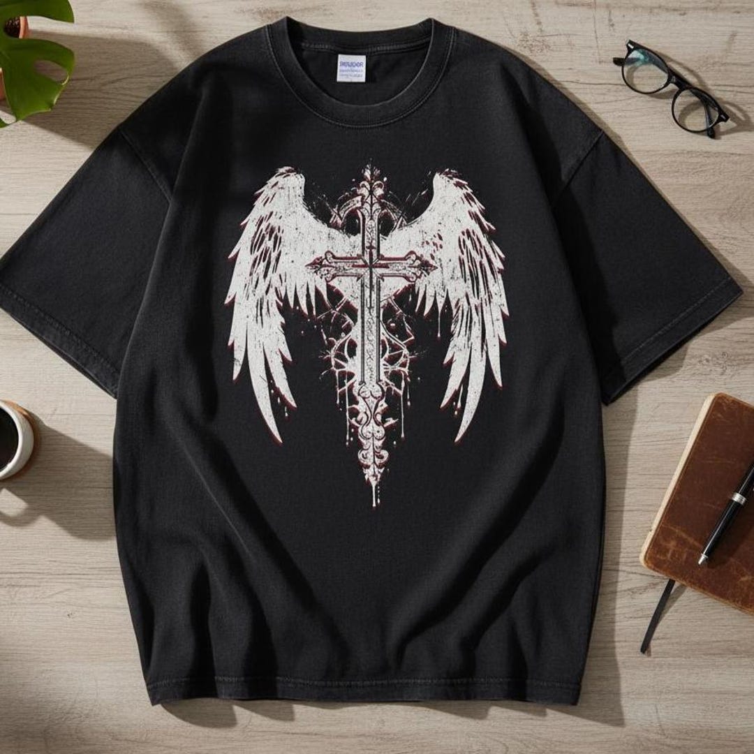 Gothic Angel Wing Cross Shirt, Guardian Angel Graphic Tee, Aesthetic ...