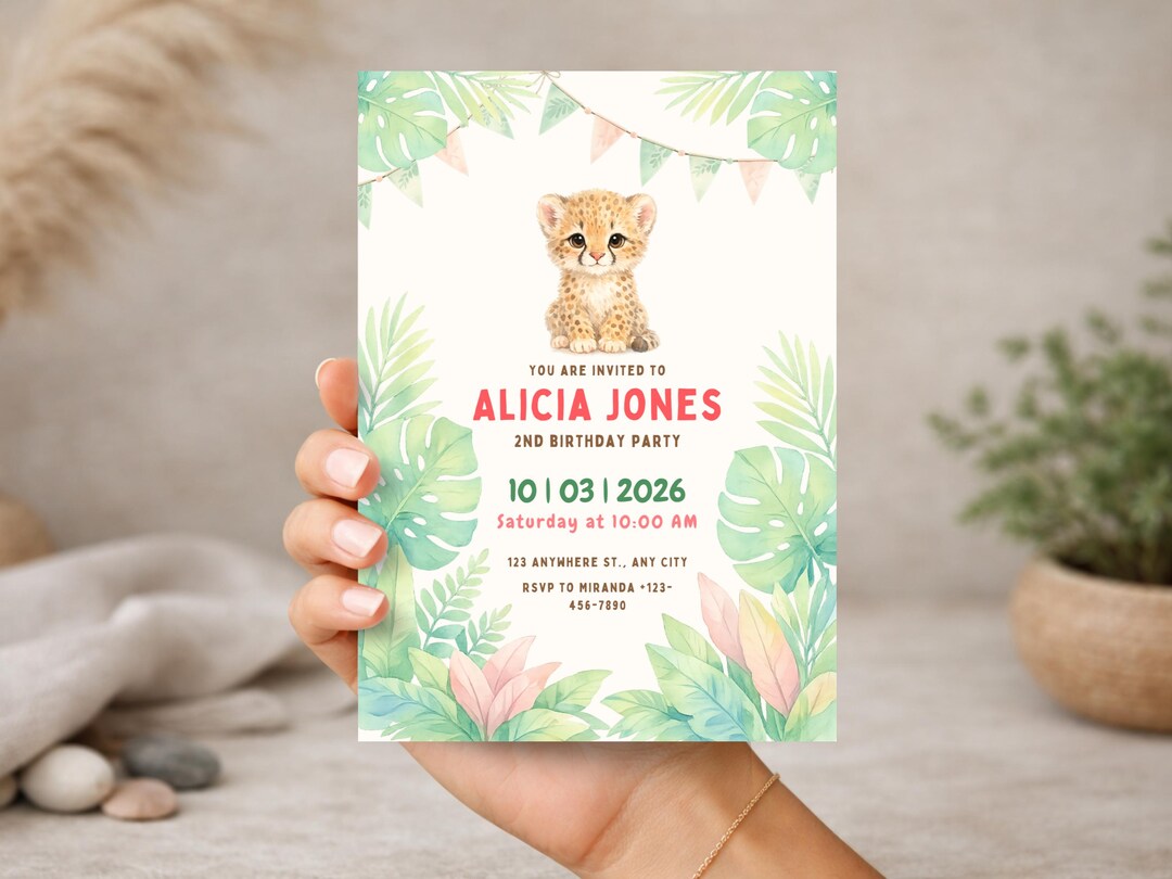 Baby Cheetah Pink Birthday Invitite Template: Jungle, Garlands, Green ...