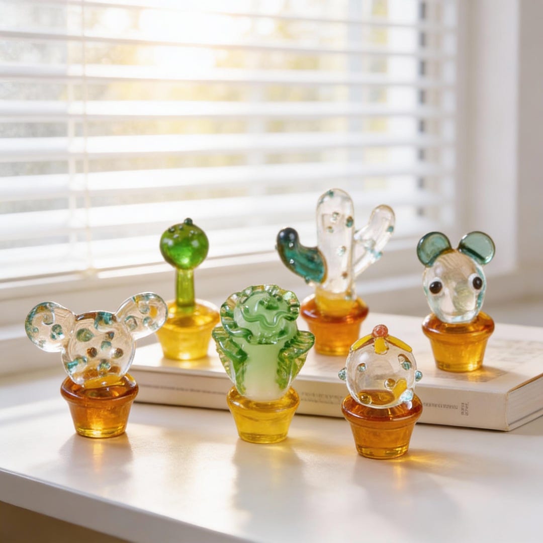 Handmade Glass Mini Plant Figurines, Cute Clear Glass Potted Decor Set ...