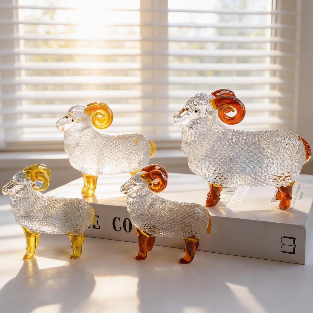 Handmade Glass Sheep Figurine Set, Small & Large Lamb Sculpture, Clear ...