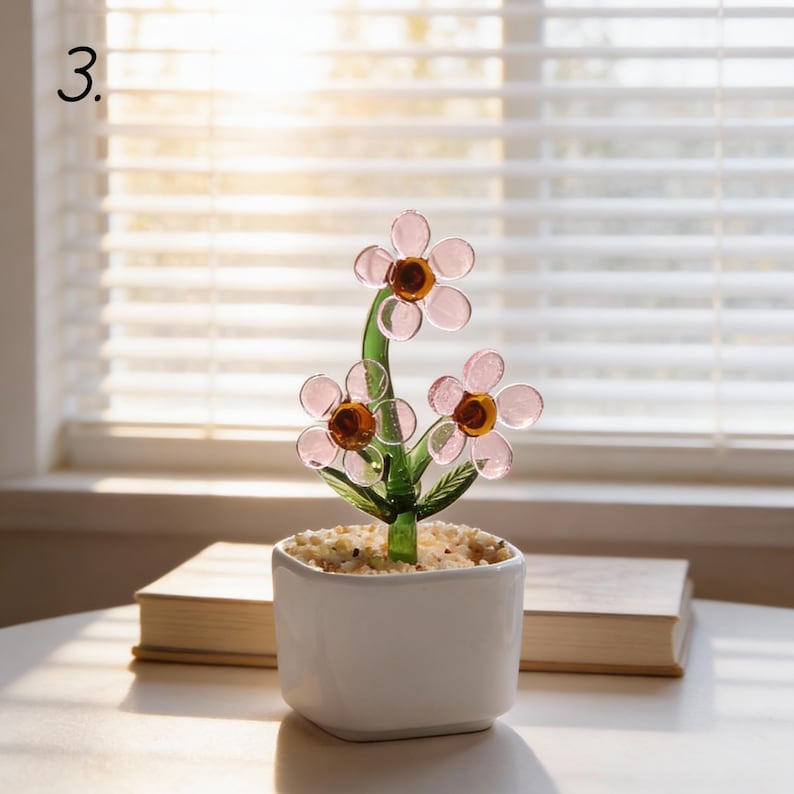 Mini Handcrafted Glass Flower Sculpture in Pot, Pink Daisy Glass Home ...