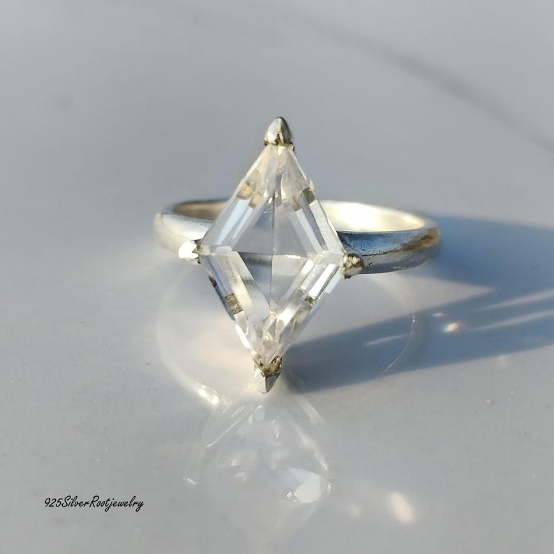 Handmade Lozenge Cut White Crystal Quartz Ring 925 Silver Geometric ...