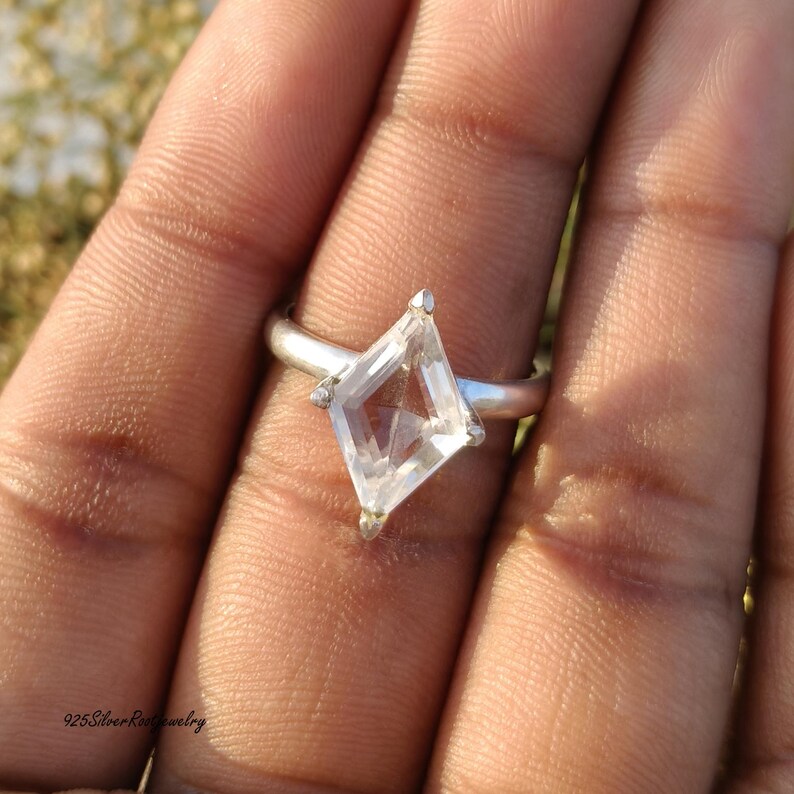 Handmade Lozenge Cut White Crystal Quartz Ring 925 Silver Geometric ...