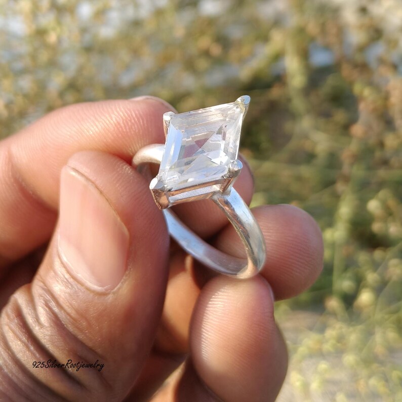 Handmade Lozenge Cut White Crystal Quartz Ring 925 Silver Geometric ...