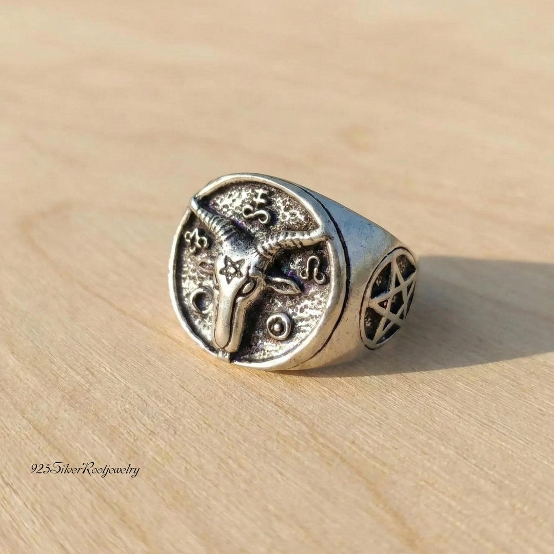 Baphomet Goat Head Ring Sterling Silver Satanic Pentagram Jewelry ...