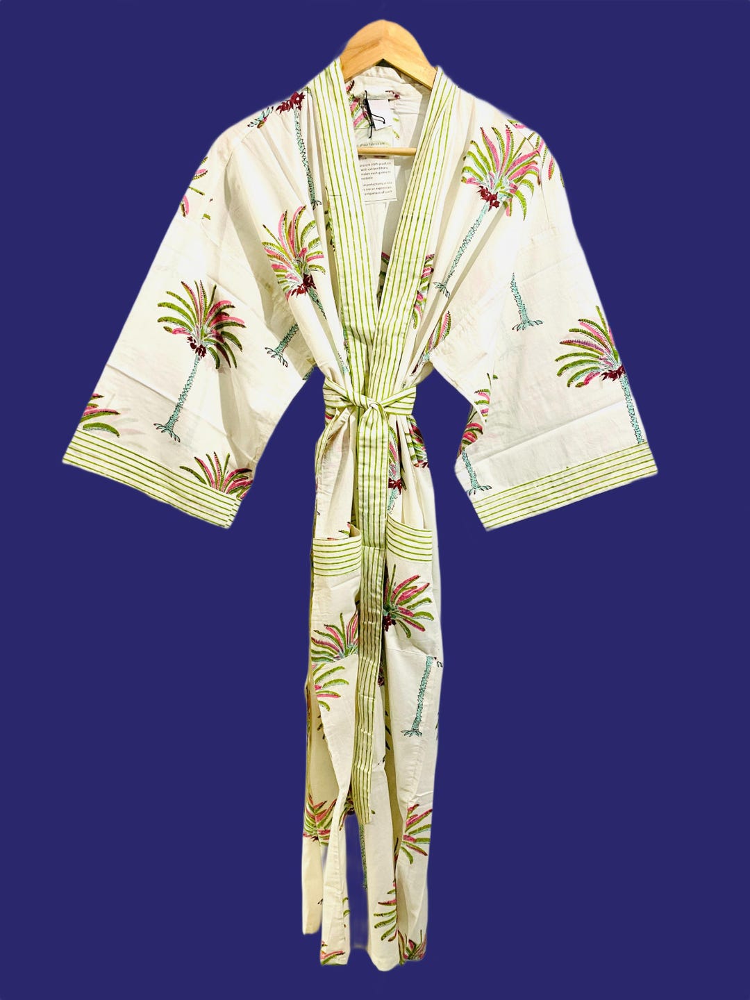 Hand Block Print Cotton Kimono Robe | Palm Tree, Green Trim - Etsy