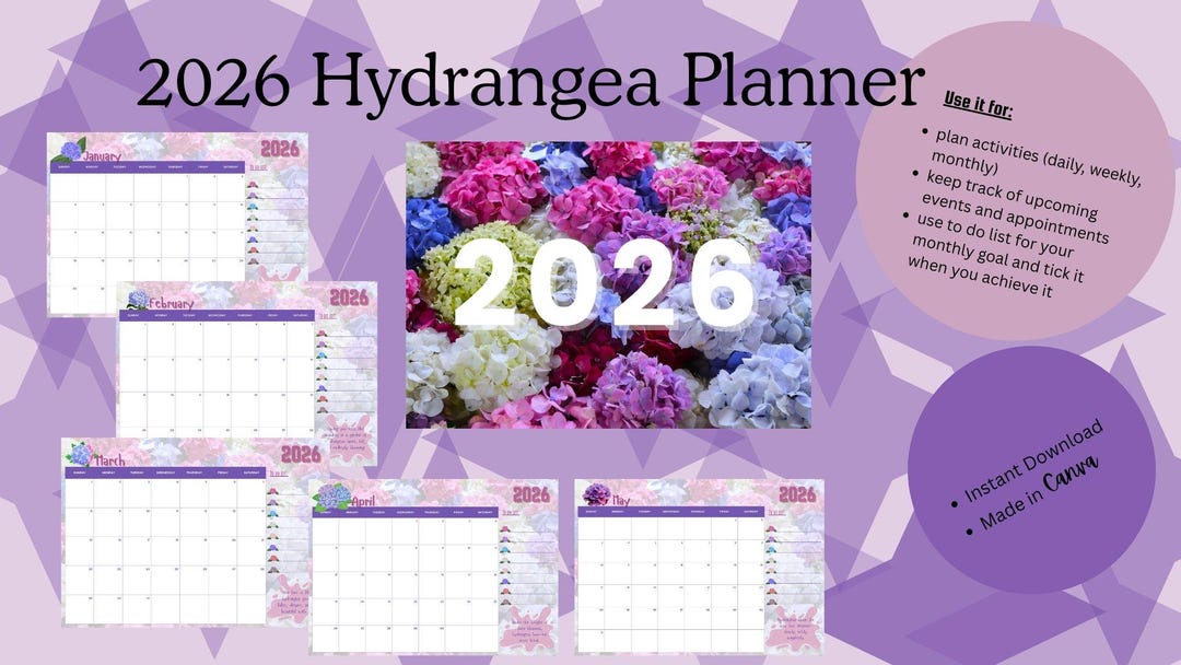 2026 Hydrangea Monthly Planner - Landscape Floral Calendar With Special ...
