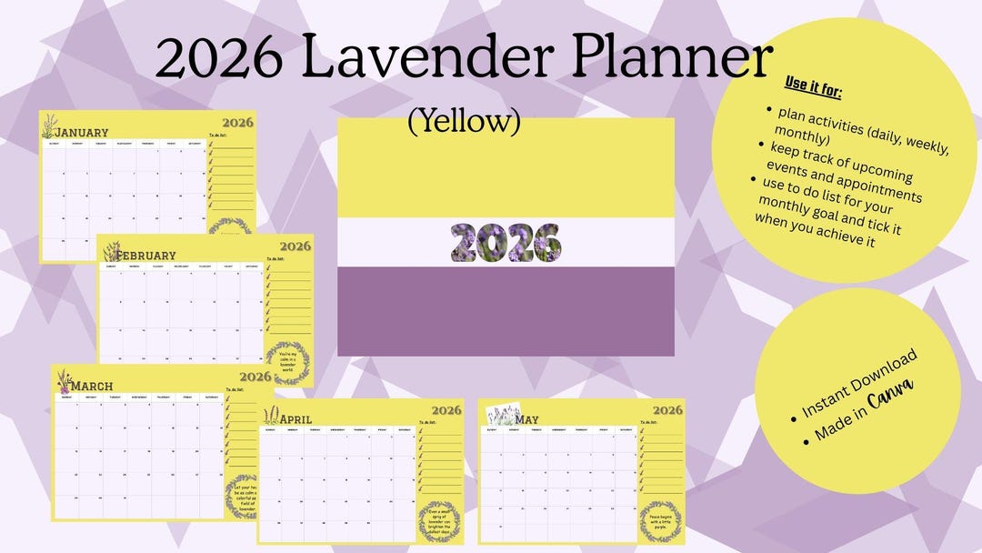2026 Lavender (yellow) Monthly Planner - Landscape Floral Calendar With ...