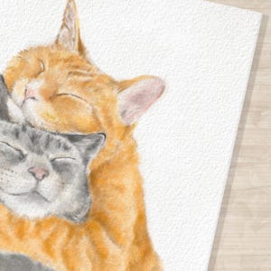Cat Couple Wall Art – Gray N Orange Tabby Hug W Love Watercolor Poster ...