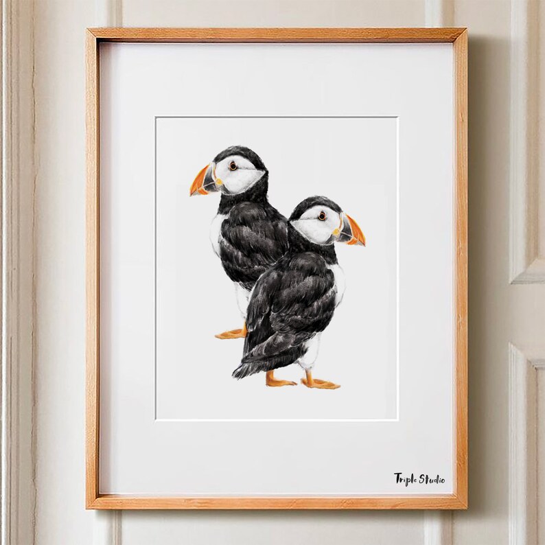 Puffin Watercolor Painting, Seabird Wall Decor, Image, Bride and Groom ...