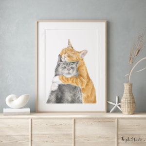 Cat Couple Wall Art – Gray N Orange Tabby Hug W Love Watercolor Poster ...