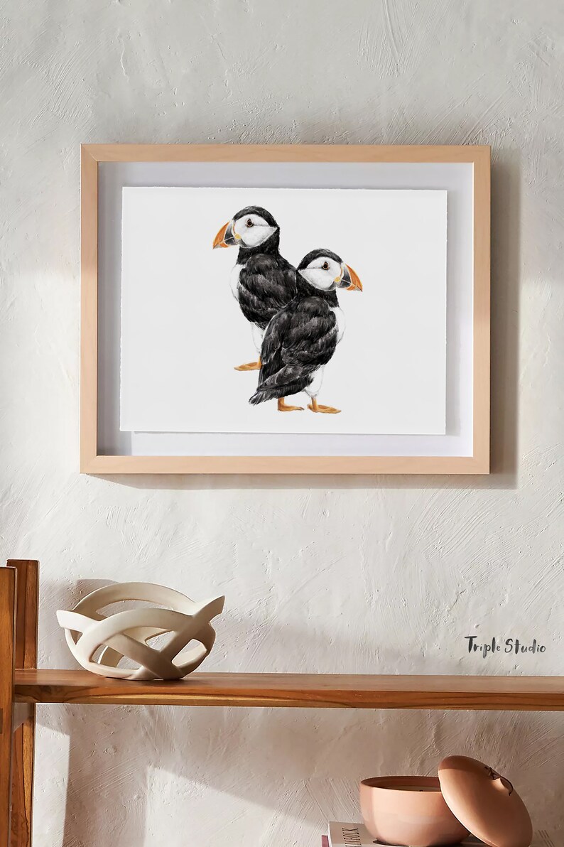 Puffin Watercolor Painting, Seabird Wall Decor, Image, Bride and Groom ...