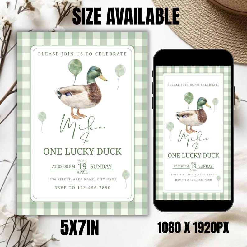 One Lucky Duck Invitation, 1st Birthday Party Invite, Editable Canva ...