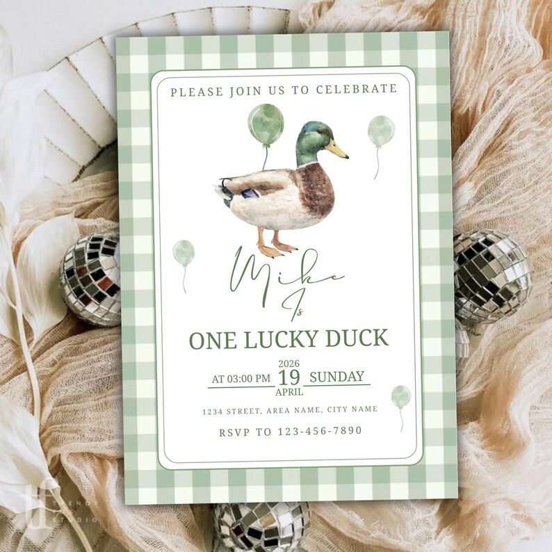 One Lucky Duck Invitation, 1st Birthday Party Invite, Editable Canva ...