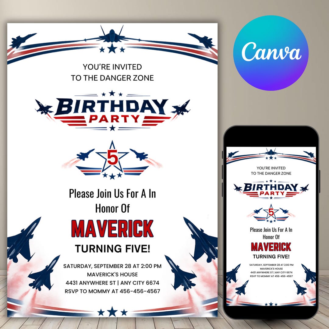 Editable Top Gun Birthday Invitation, Danger Zone Theme, Airplane Party ...