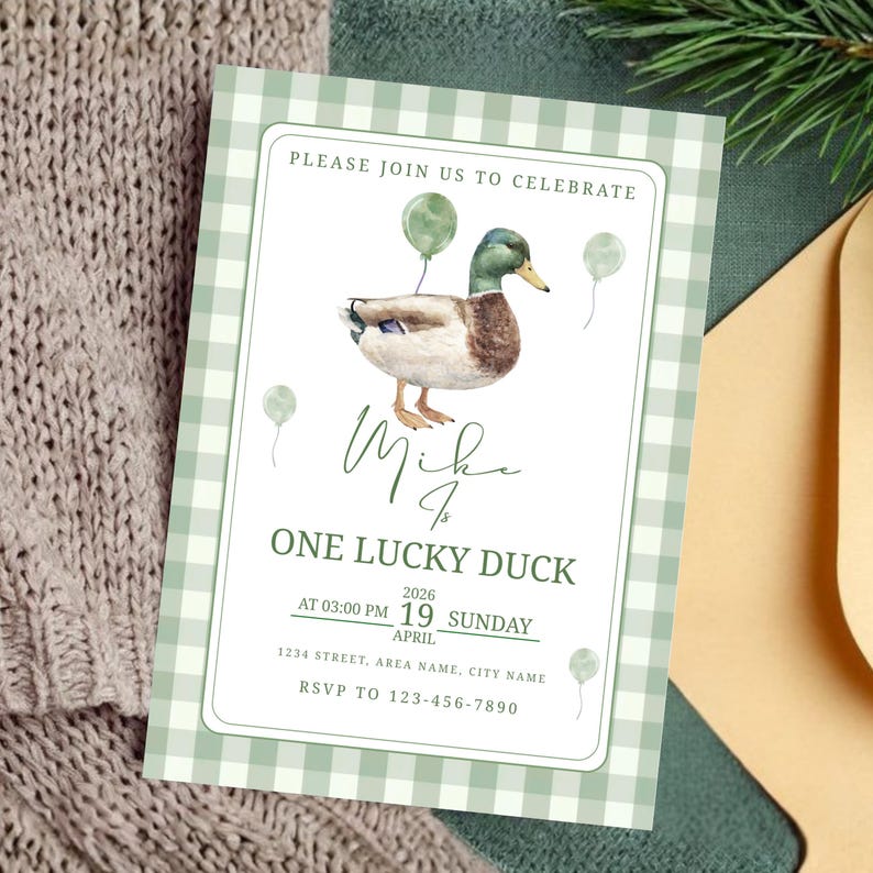 One Lucky Duck Invitation, 1st Birthday Party Invite, Editable Canva ...