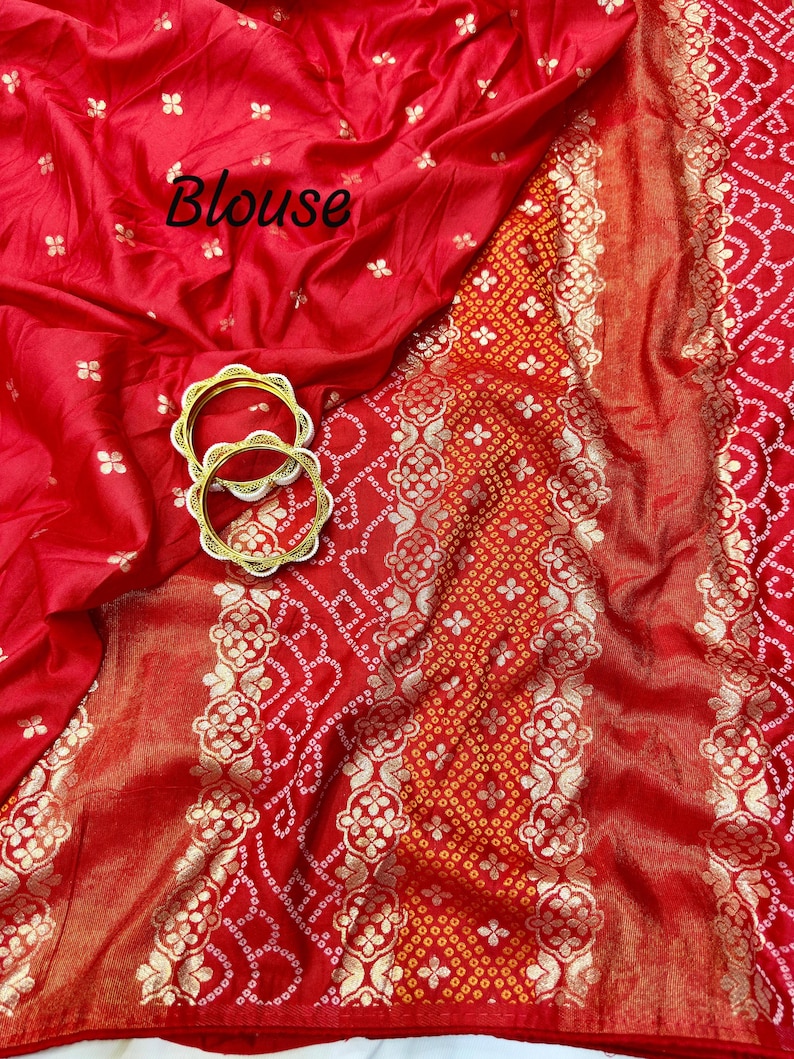 Bandhani Dola Silk Saree | Jaipuri Pallu, Zari Weaving, Butti Work - Etsy