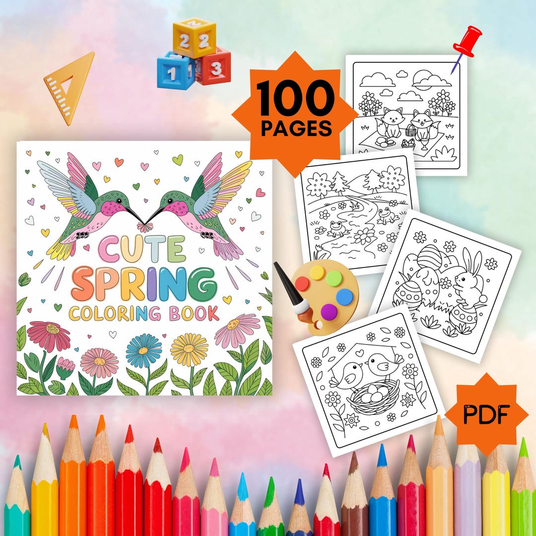 Spring Coloring Book 100 Pages for Kids (PDF Download) - Etsy