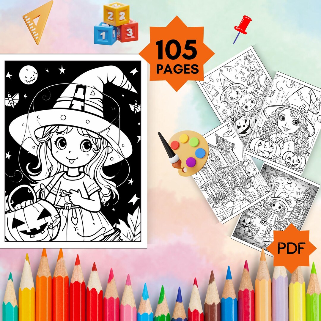 Witch Halloween Coloring Pages for Kids (PDF Download) - Etsy