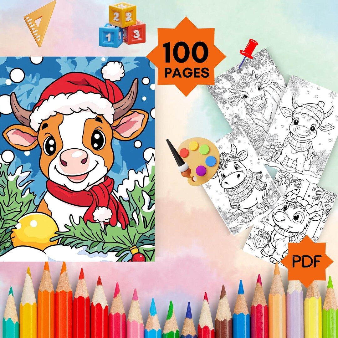 Christmas Cow Coloring Pages for Kids (PDF Download) - Etsy