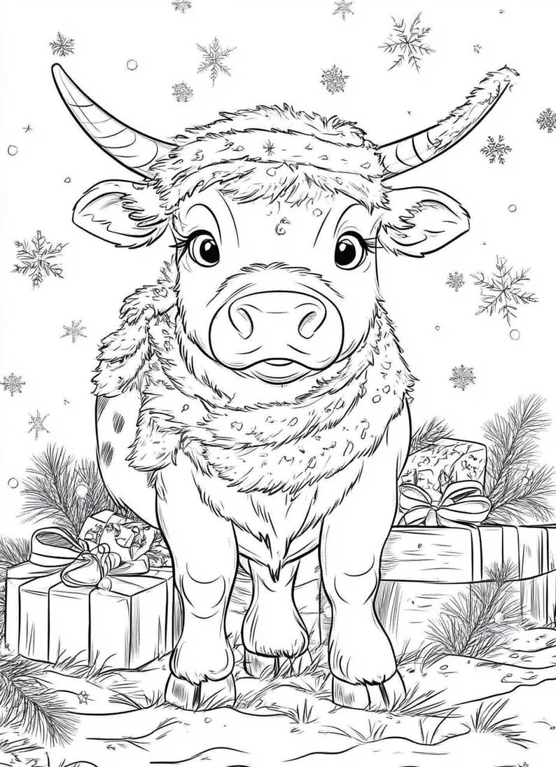 Christmas Cow Coloring Pages for Kids (PDF Download) - Etsy
