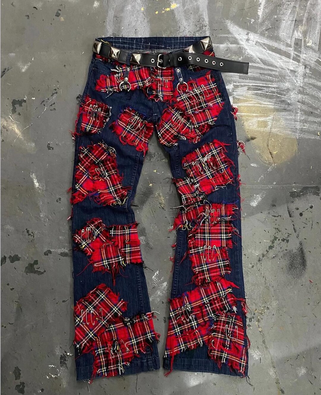 Patchwork Tartan Punk Jeans - Distressed Denim With Safety Pins ...