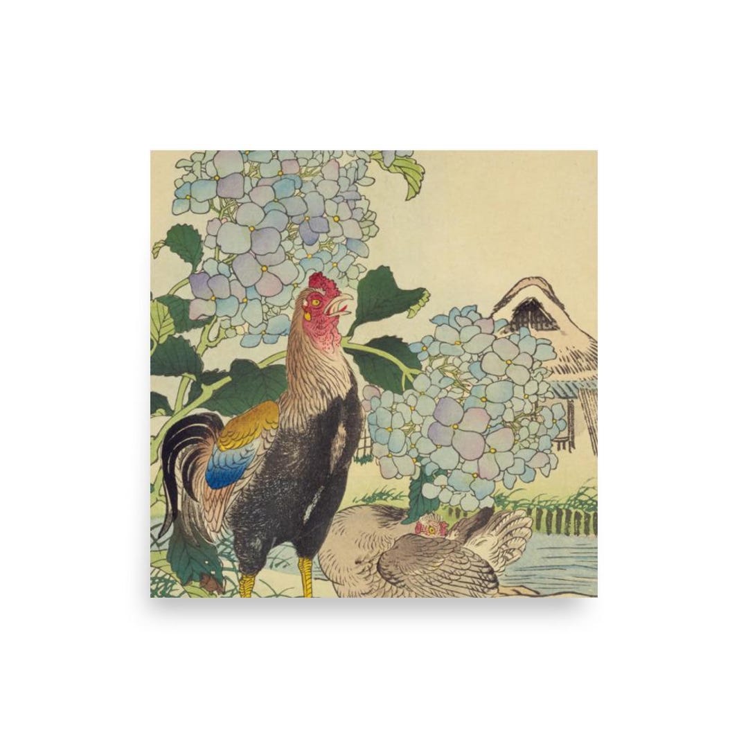 Japan Art Poster (pair Chickens & hydrangea, Old Japanese Landscape) - Etsy
