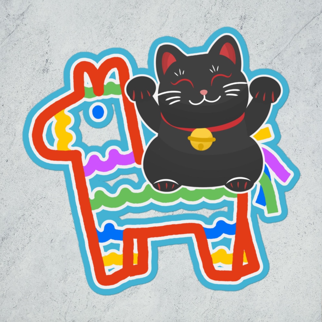 Kawaii Lucky Cat & Horse Sticker – Cute Japanese Good Luck Art: Bubble ...