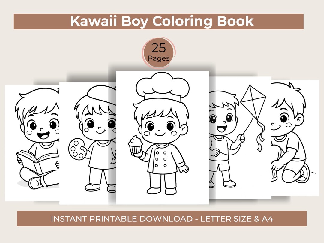 Kawaii Boy Coloring Book Printable, Cute Fun Coloring Pages for Kids ...