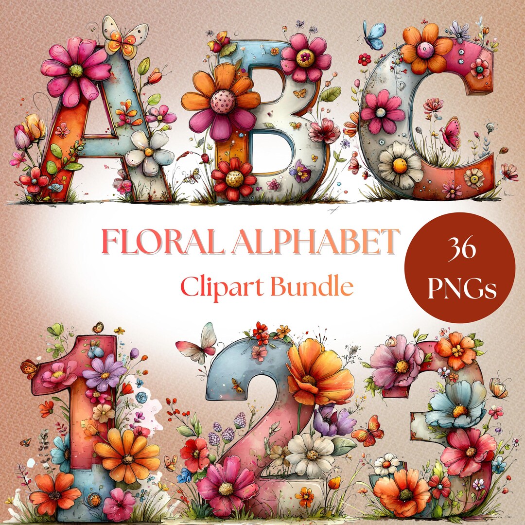Floral Alphabet PNG Bundle: Watercolor Letters Clipart Graphics ...