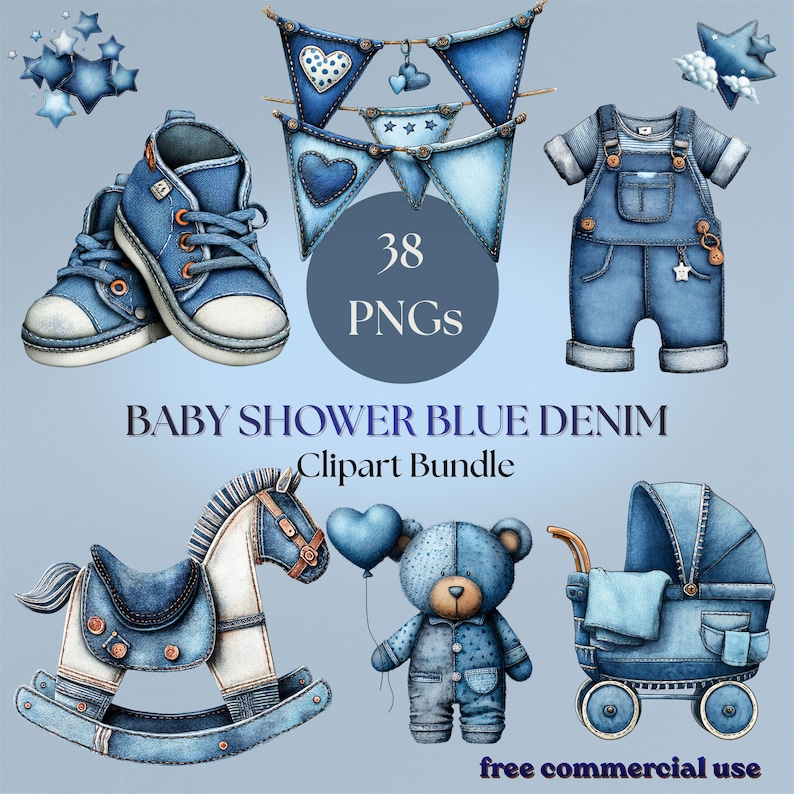 Baby Shower Blue Denim Clipart Bundle: Boy Birth & Jean Nursery ...