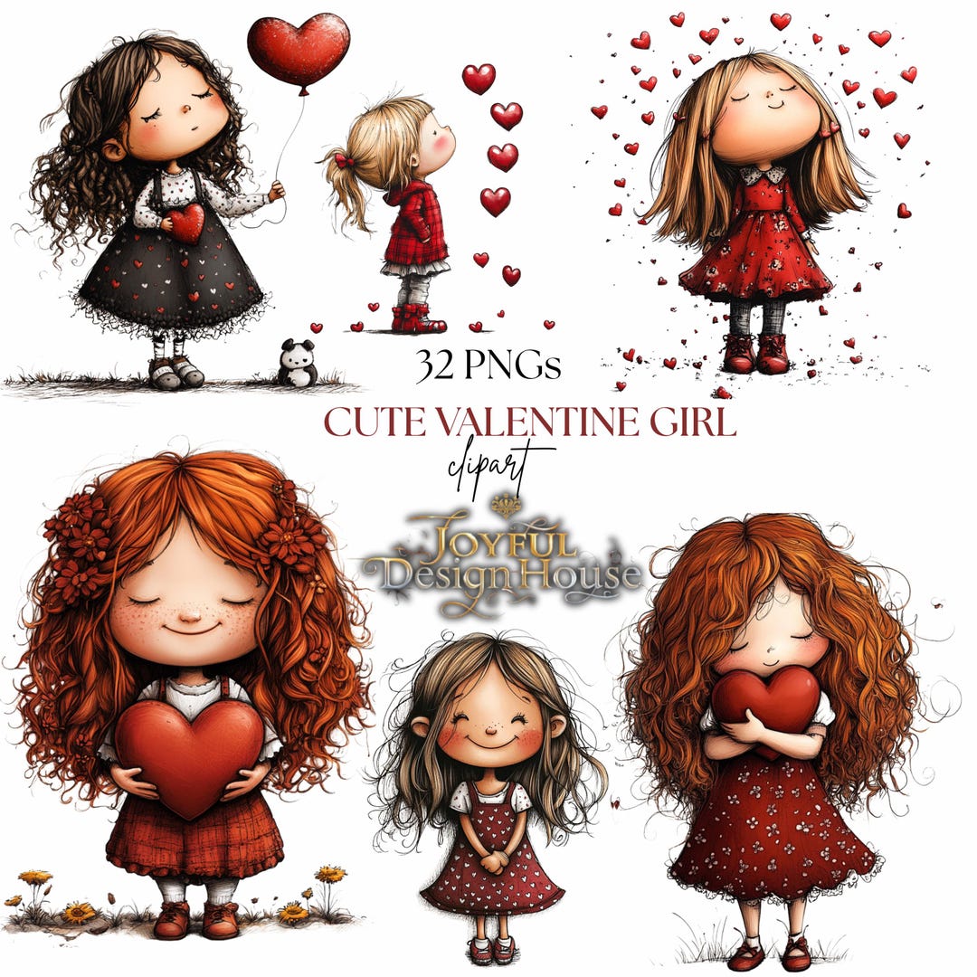 32 PNG Valentine Girls Clipart, Whimsical Watercolor Love Girls PNG ...