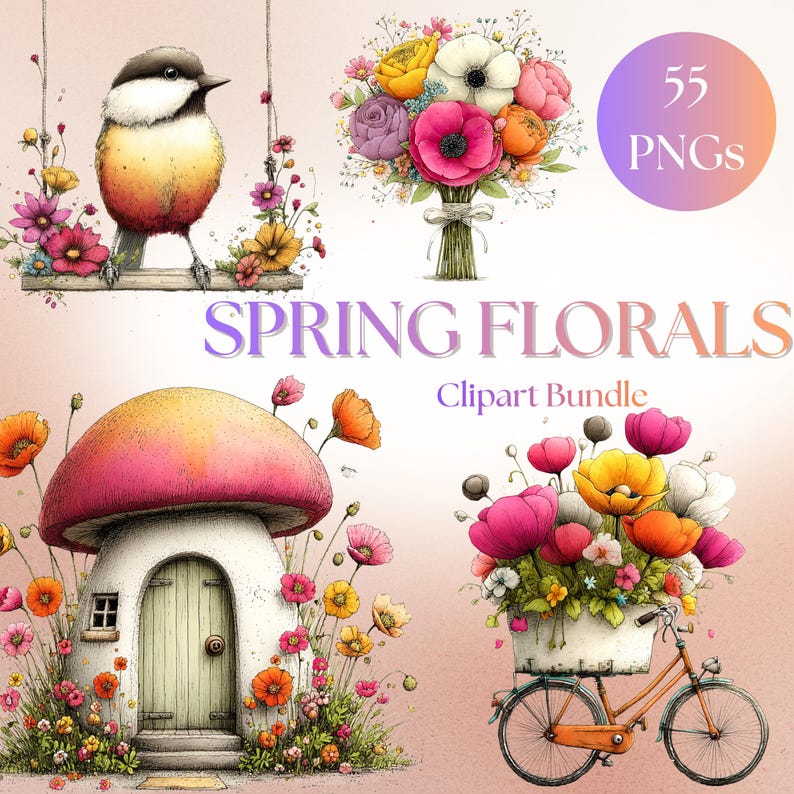 Watercolor Spring Florals PNG Bundle: Whimsical Floral Graphics ...
