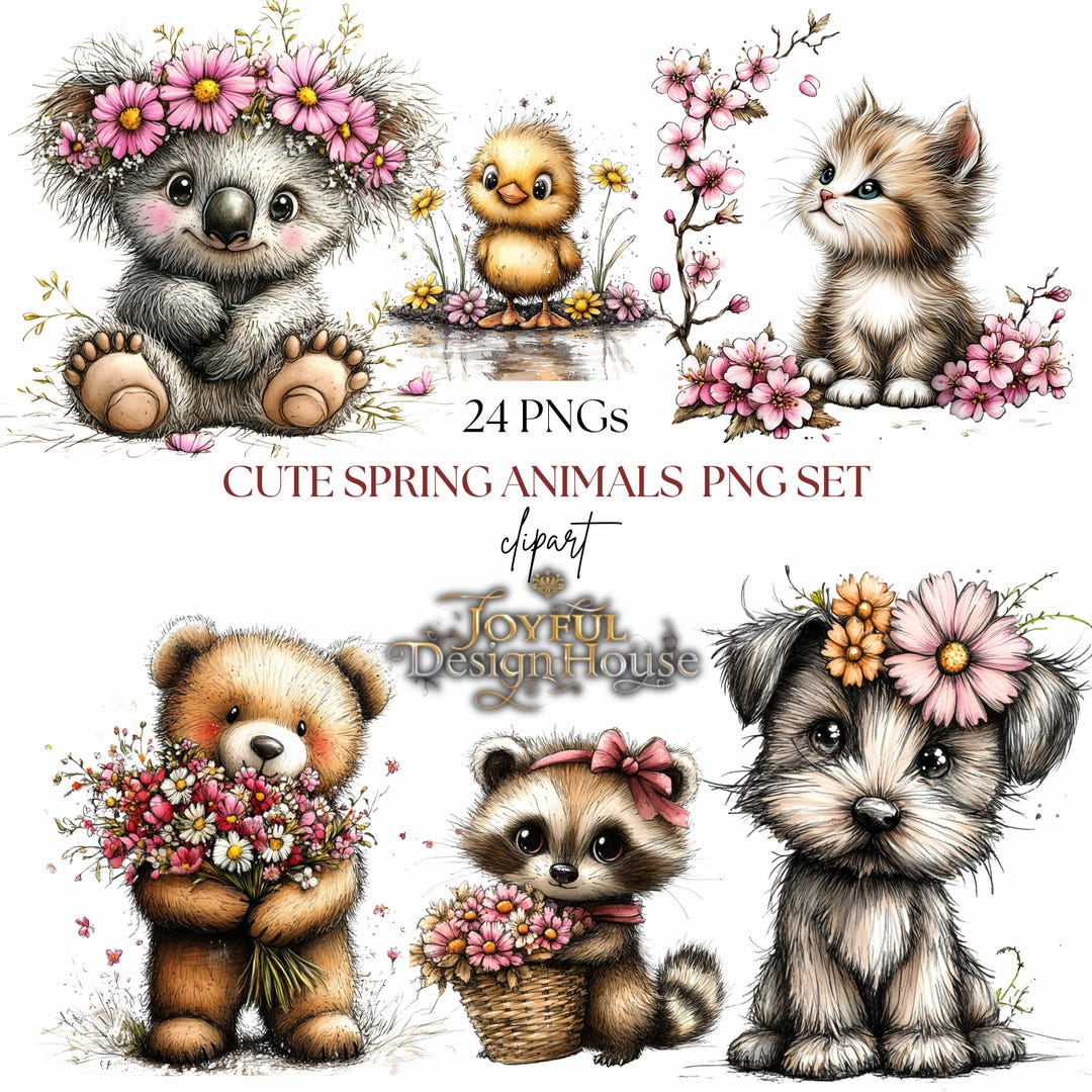 24 Spring Animals PNG Bundle, Watercolor Whimsical Clipart, Cute Floral ...