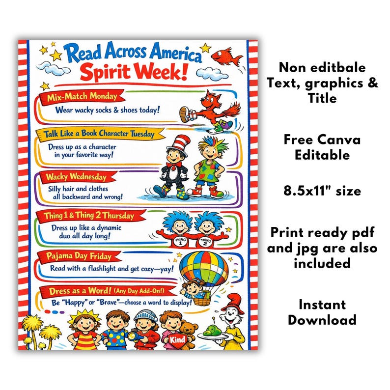 Dr. Seuss Template, Editable Read Across America, Dr. Seuss Spirit Week ...