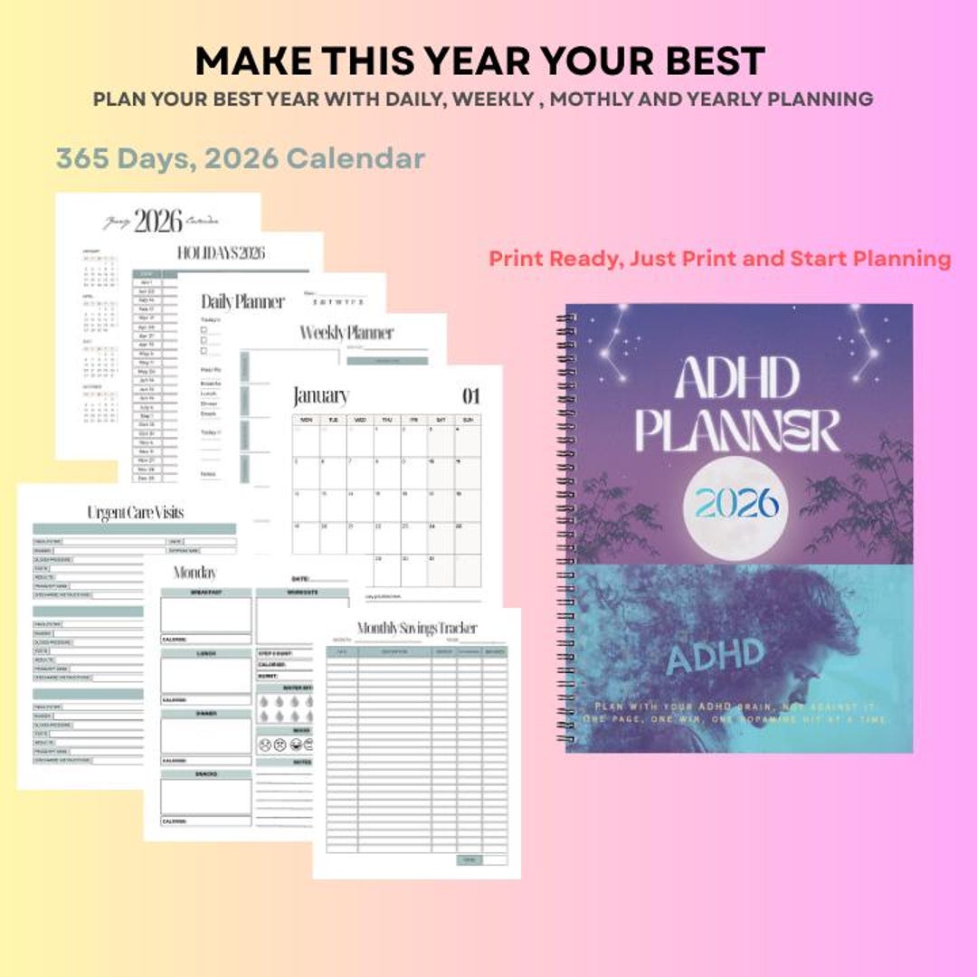 2026 ADHD Planner, Daily, Weekly, Monthly, Productivity (printable PDF ...