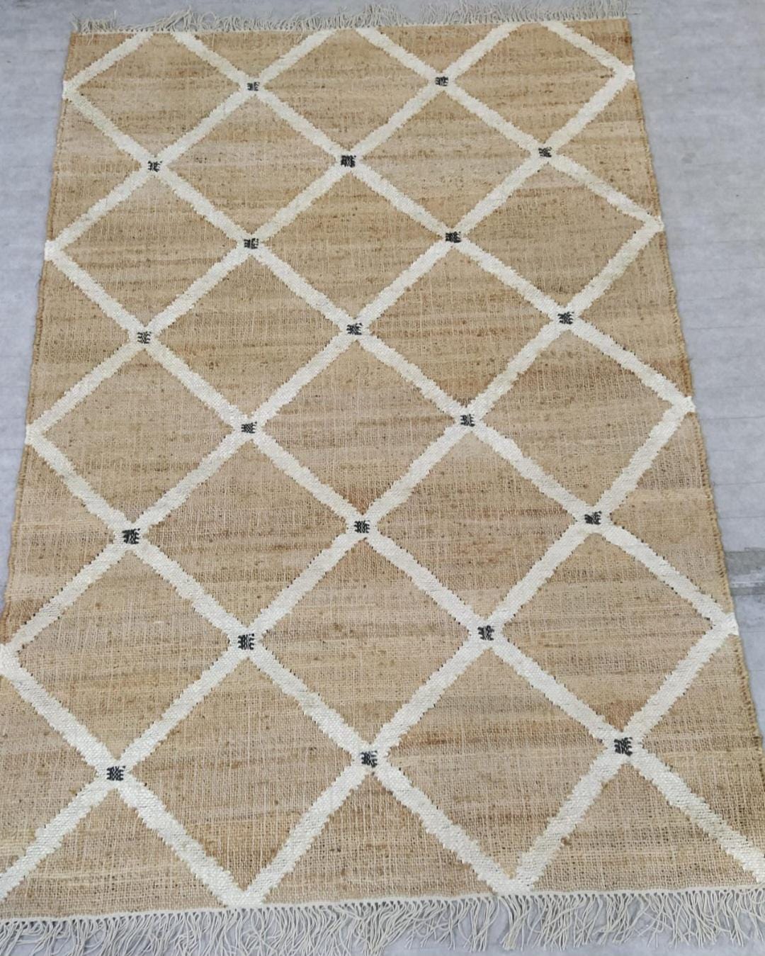 Handwoven Jute Durrie Beige Diamond Pattern, Eco Friendly Boho Flat ...