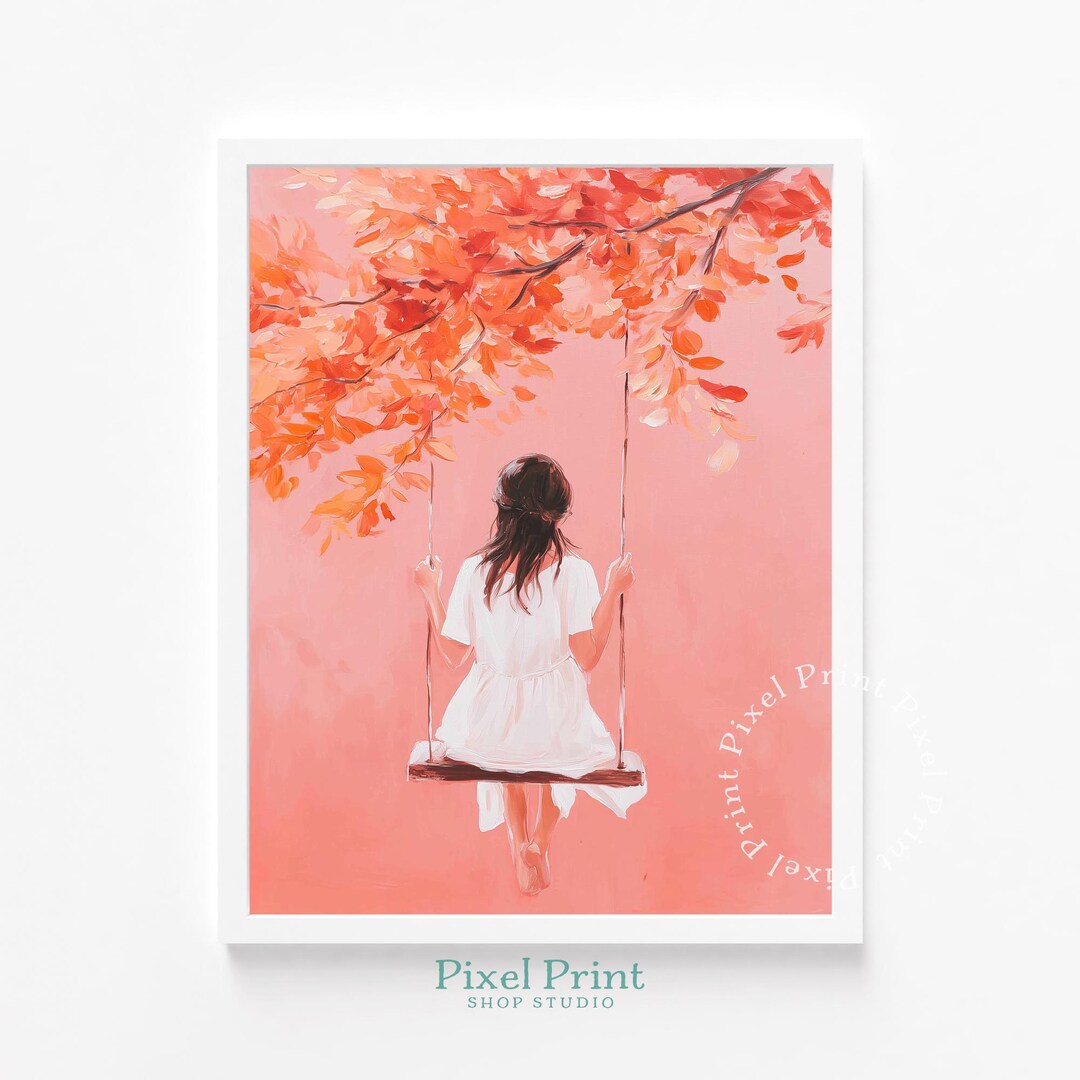 Printable Cottagecore Girl on Swing Painting - Romantic Autumn Decor ...