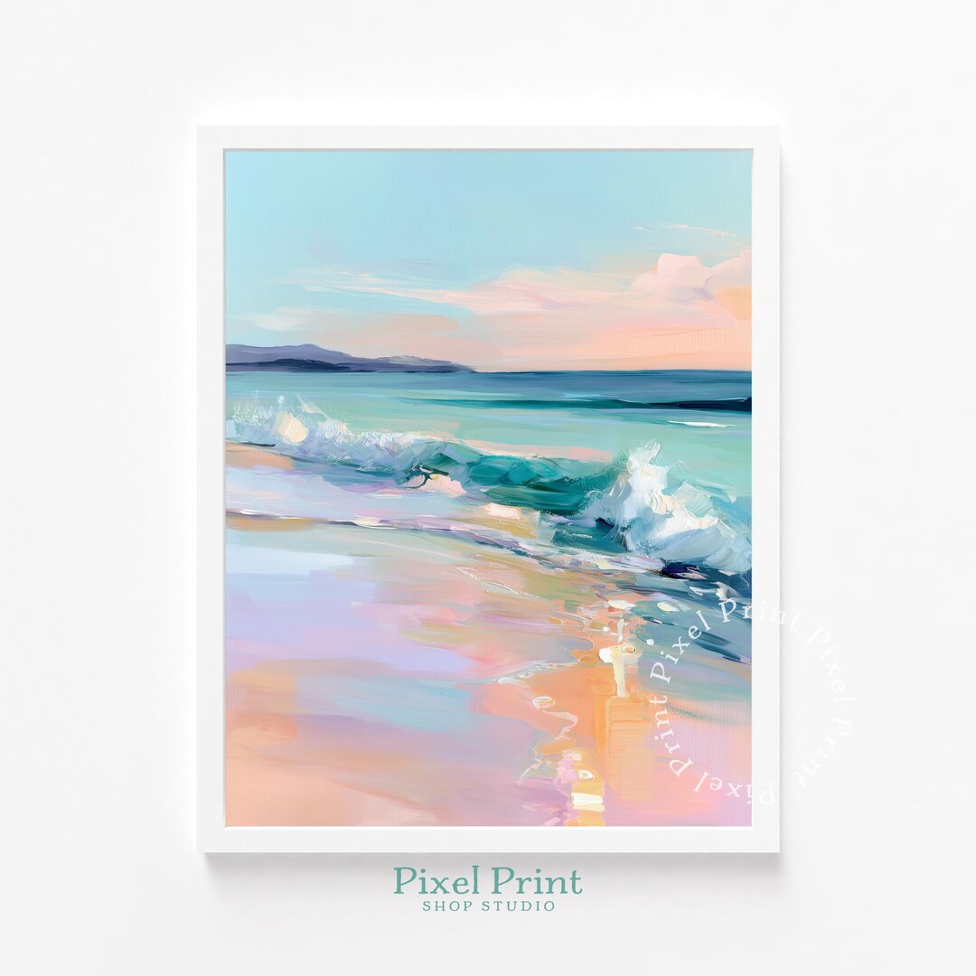 Rustic Coastal Seascape Printable Art - Pastel Beach Painting, Calm ...