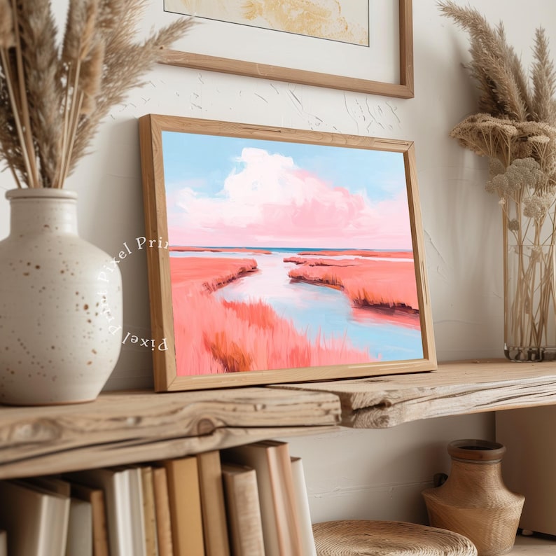 Printable Coastal Marsh Landscape Painting - Serene Pastel Tidal Creek ...