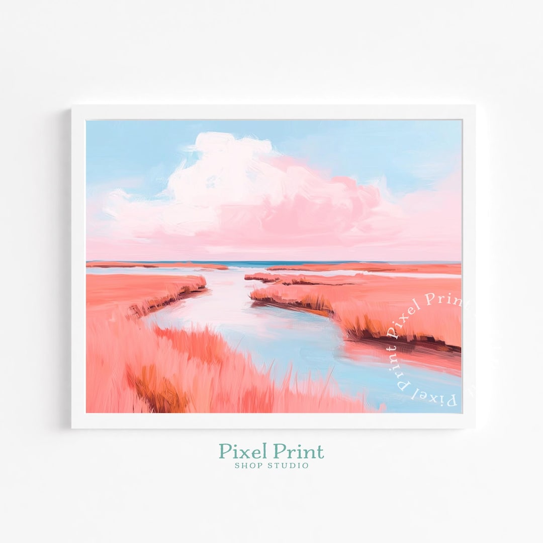 Printable Coastal Marsh Landscape Painting - Serene Pastel Tidal Creek ...