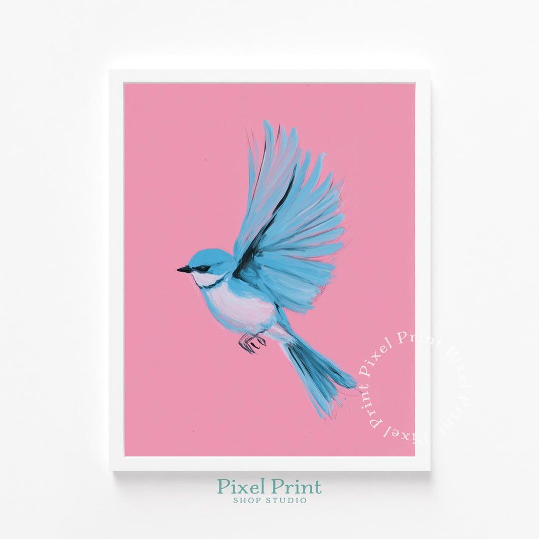 Printable Songbird Mid-flight Painting - Colorful Modern Art, Blue Bird ...