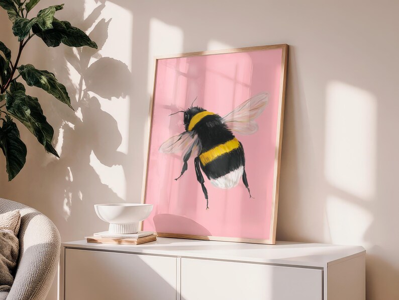 Cute Bumblebee Painting on Pink - Playful Nursery Wall Art, Pastel ...